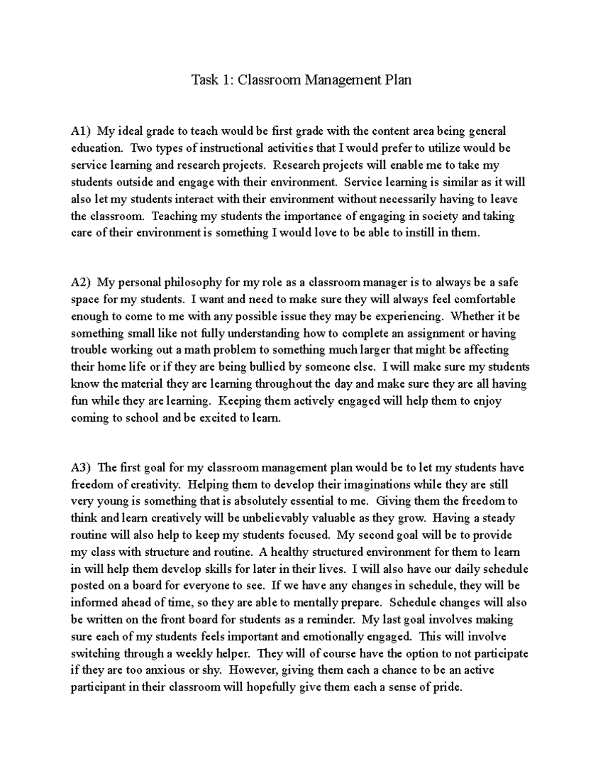 DKM3 TASK 1: Effective Classroom Management Plan for First Grade - Studocu