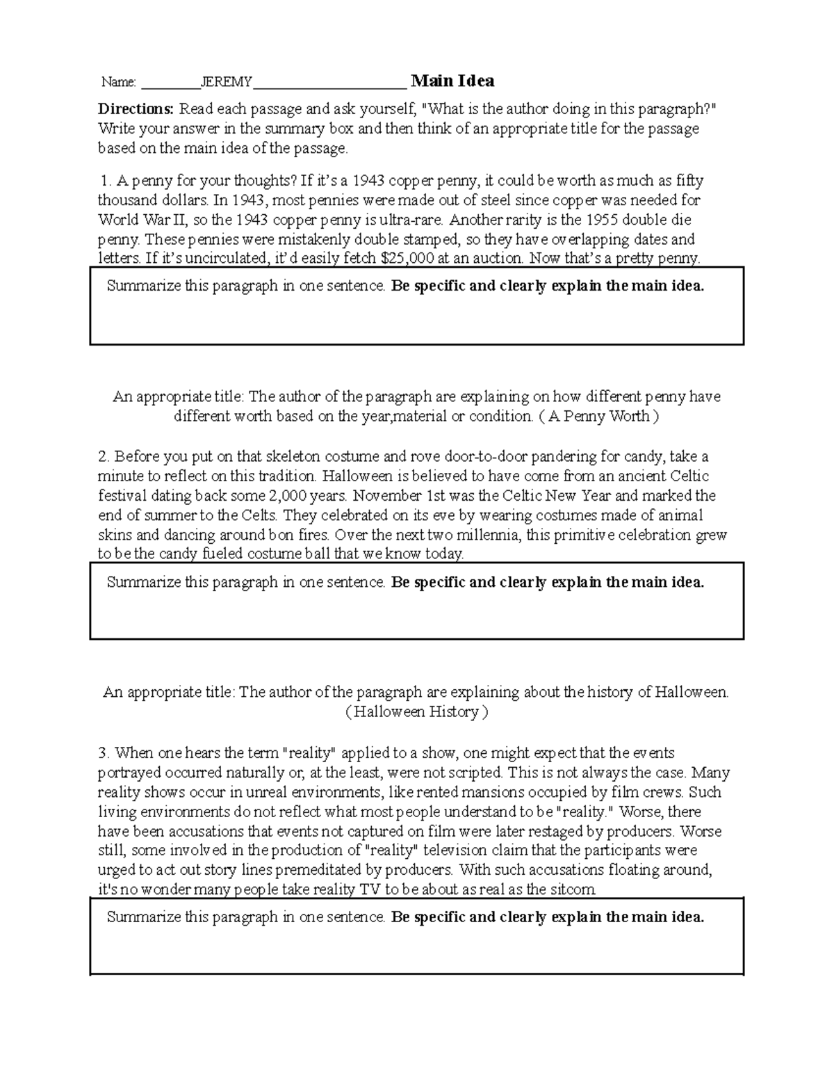 Main Idea Worksheet - E3E: Understanding Key Concepts in Texts - Studocu