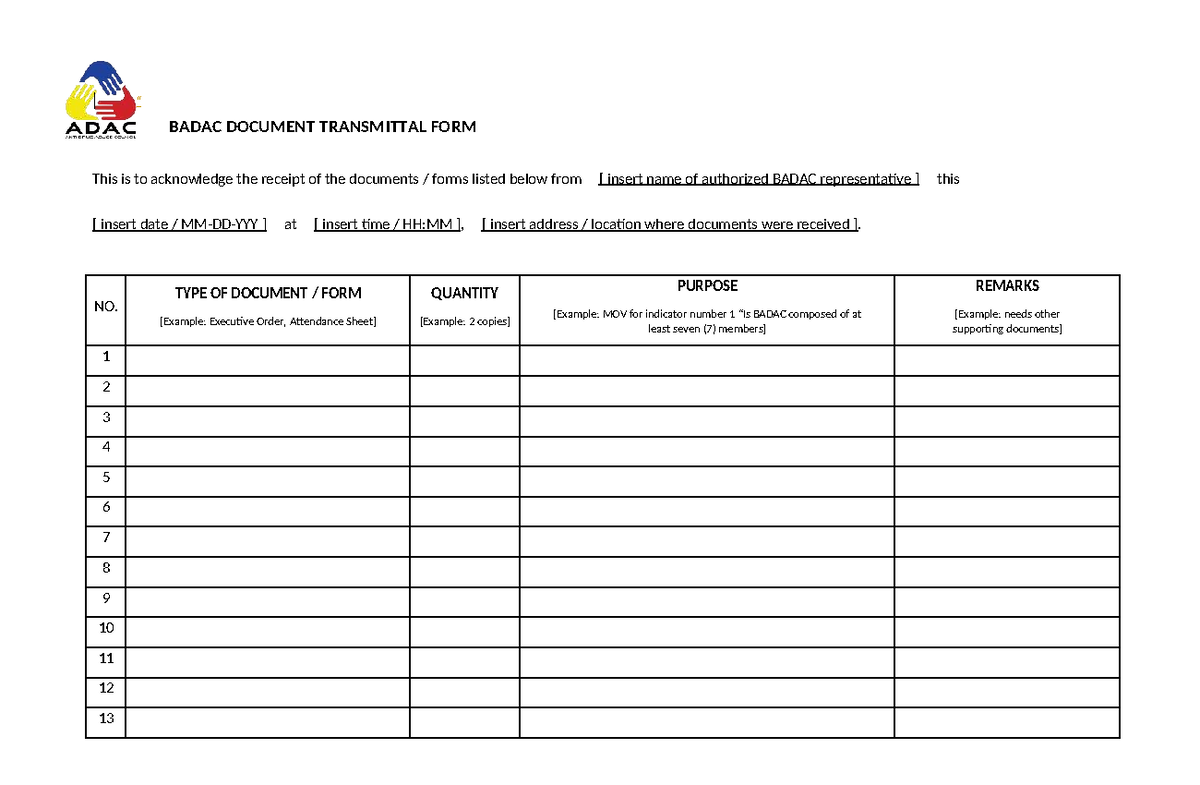 BADAC Document Transmittal Form Acknowledgment Template - Studocu