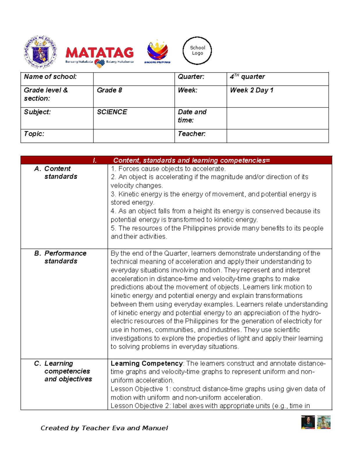 DLP Q4 Science 8: Motion Graphs & Energy Concepts - Week 2 Day 1 - Studocu