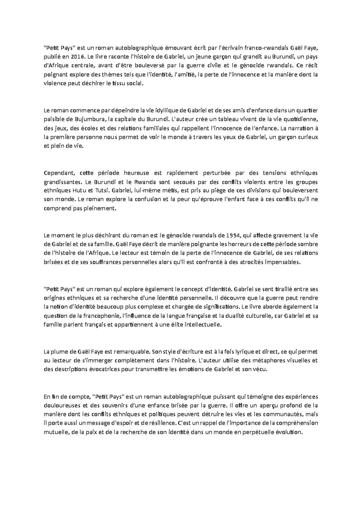 Petit Pays : Analyse du Roman Autobiographique de Gaël Faye - Studocu