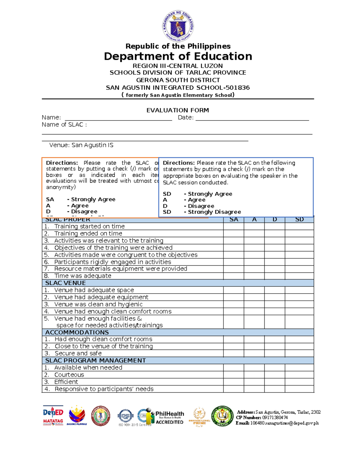 Updated Evaluation Form for SLAC Training Sessions - Studocu