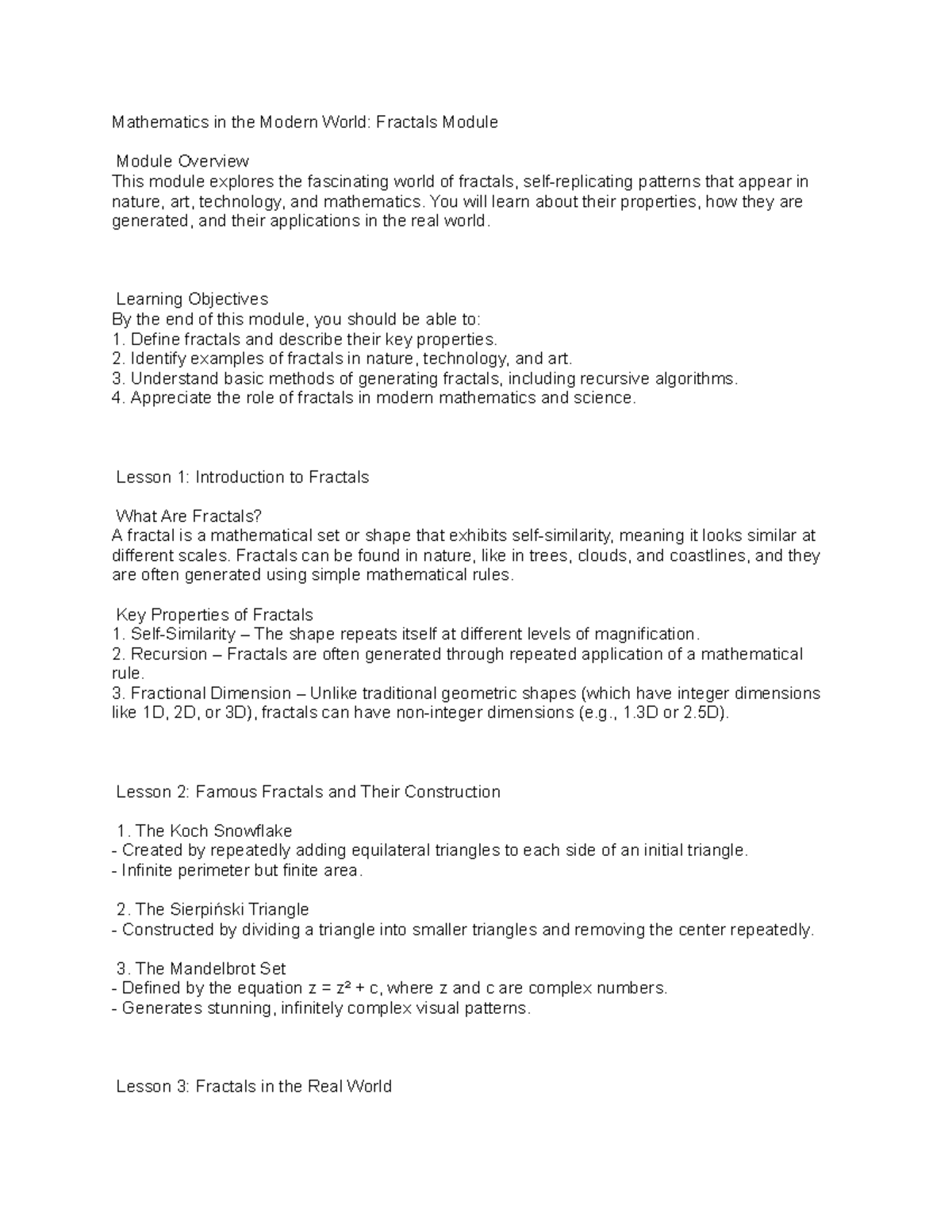 MATH 101: Fractals Module Overview and Learning Objectives - Studocu