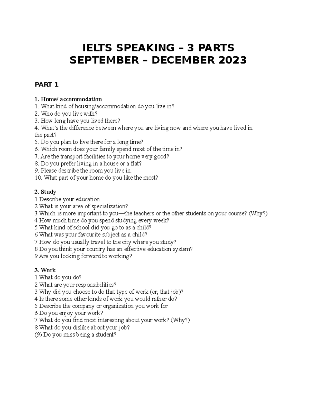 IELTS Speaking Practice Questions for Q3 (Sep-Dec 2023) - Studocu