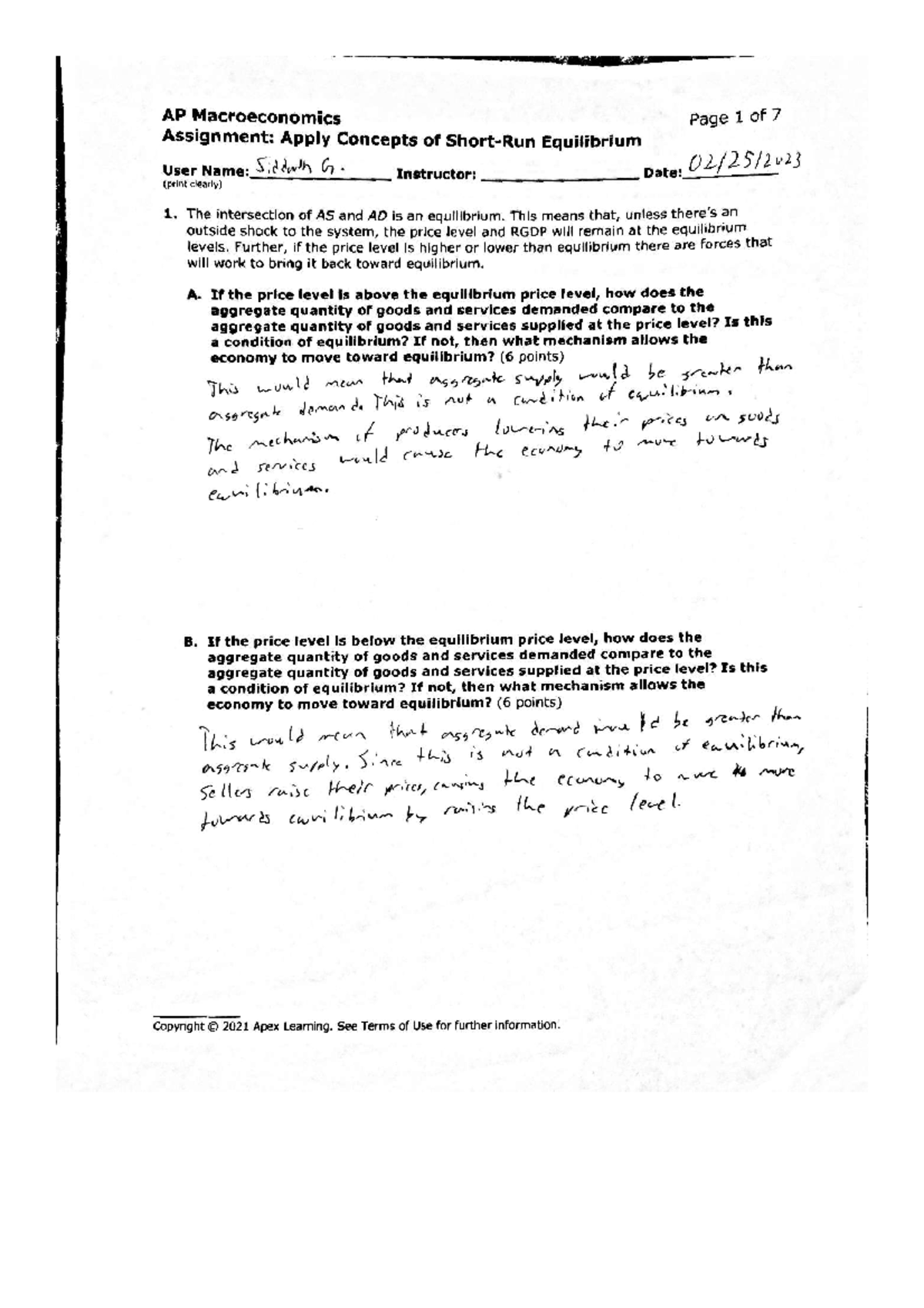 AP Macroeconomics Assignment: Analyzing Short-Run Equilibrium Concepts ...