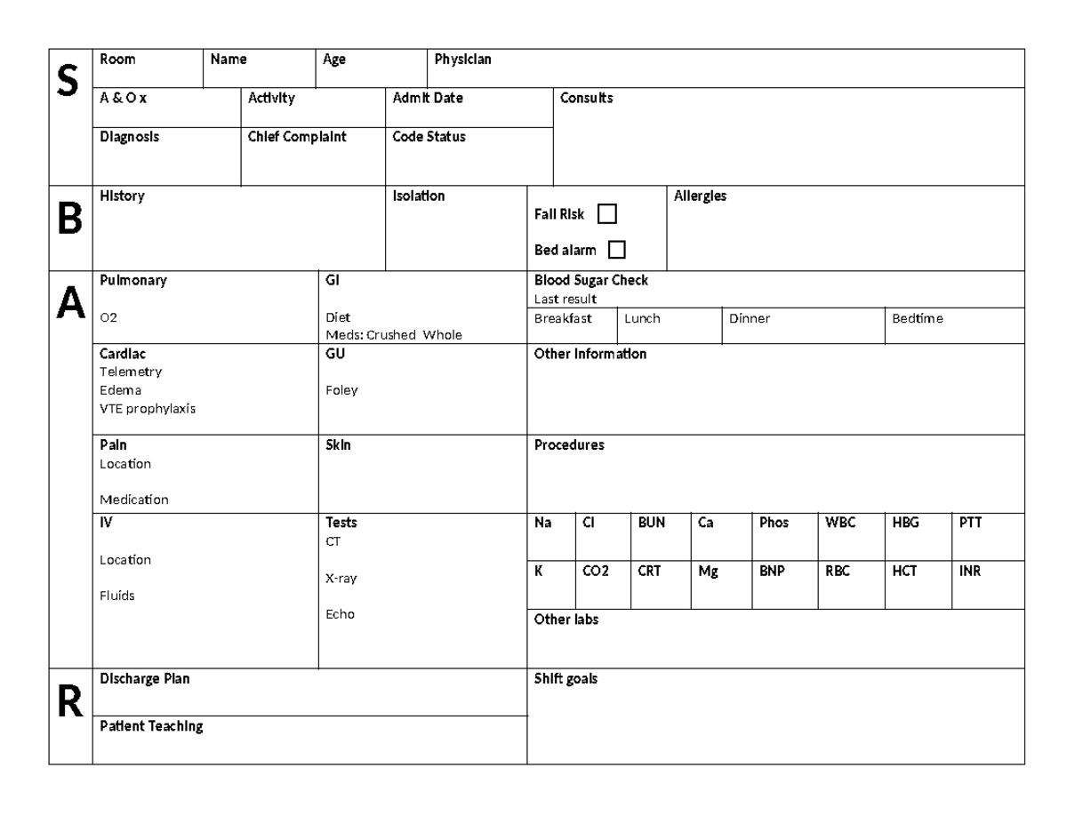 SBAR NURS 2000 - Sbar - S Room Name Age Physician A & O x Activity ...