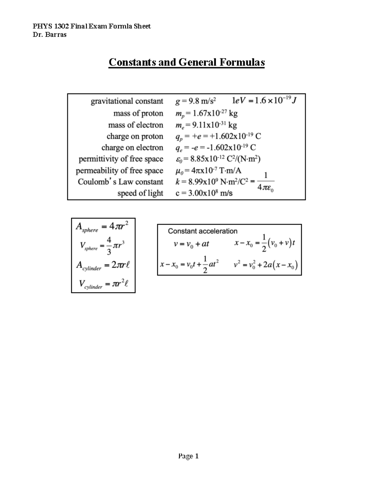 PHYS 1302 Final Exam Formula Sheet: Key Concepts & Equations - Studocu
