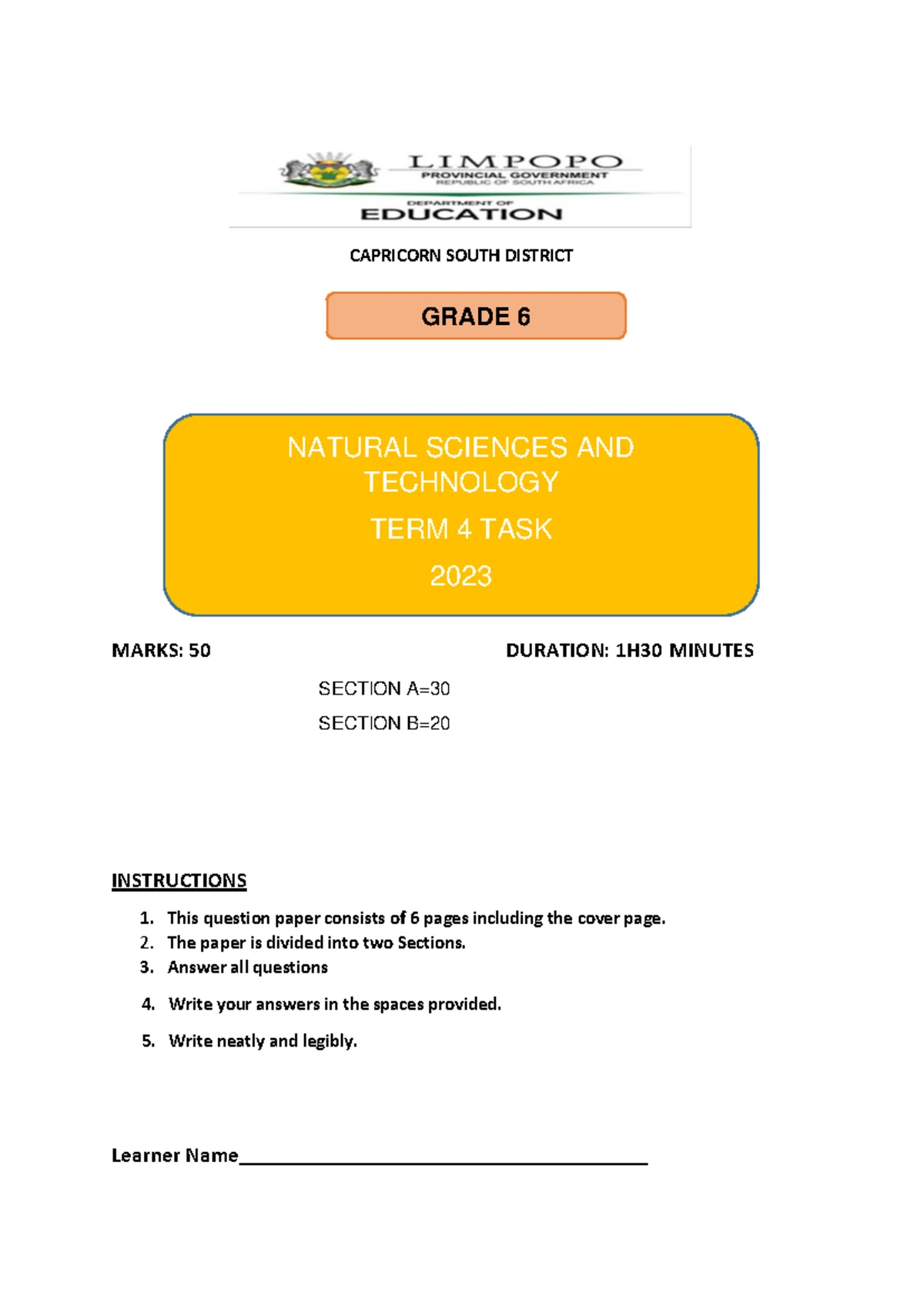 Grade 6 Natural Sciences & Tech Term 4 Exam Memo 2023 - Studocu