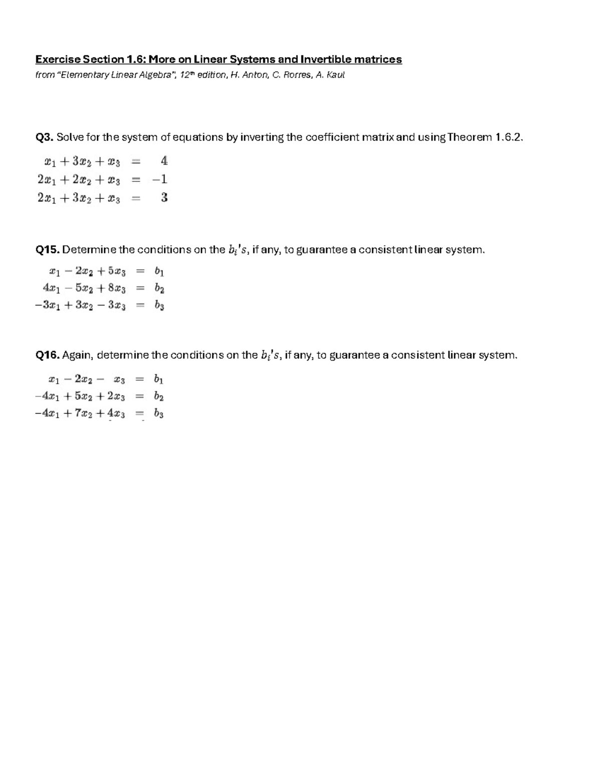Exercises 1 - Linear Systems and Invertible matrices - MATH 204 ...