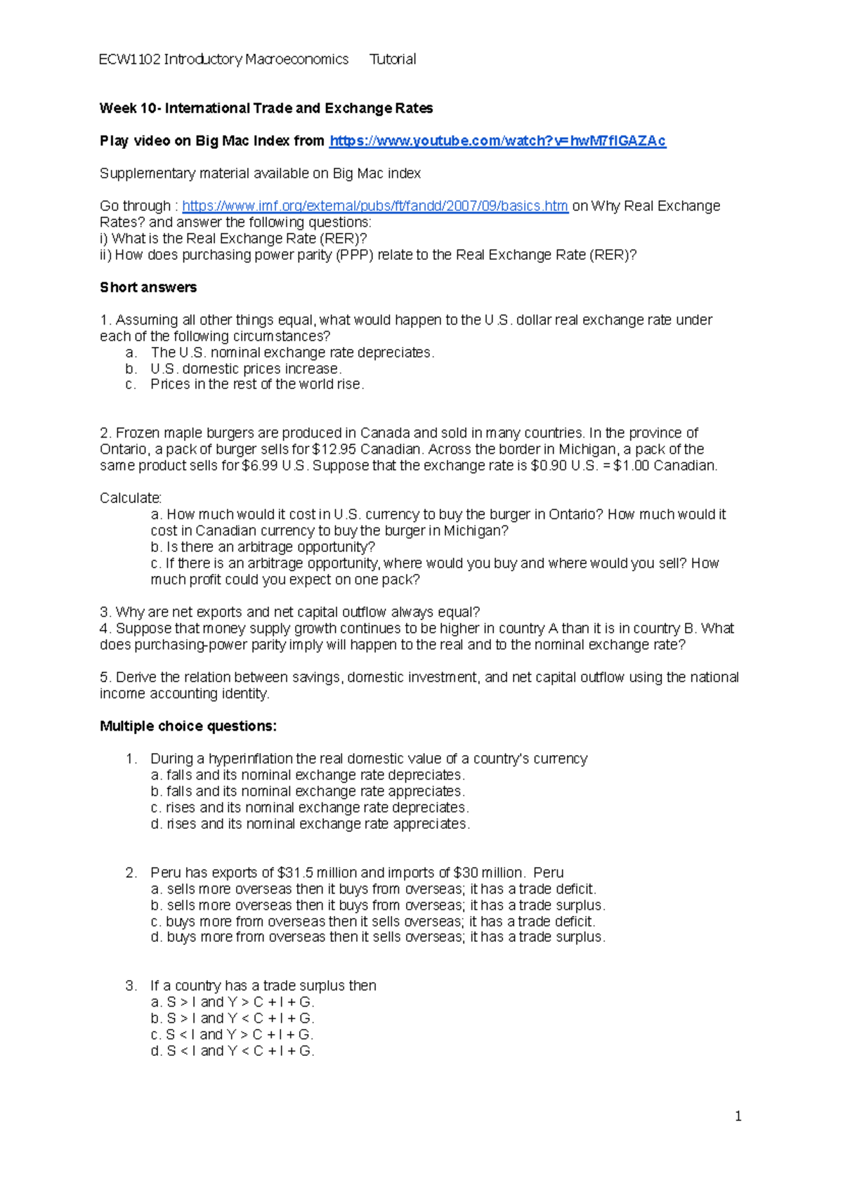 ECW1102 Week 10 Tutorial: International Trade & Exchange Rates ...