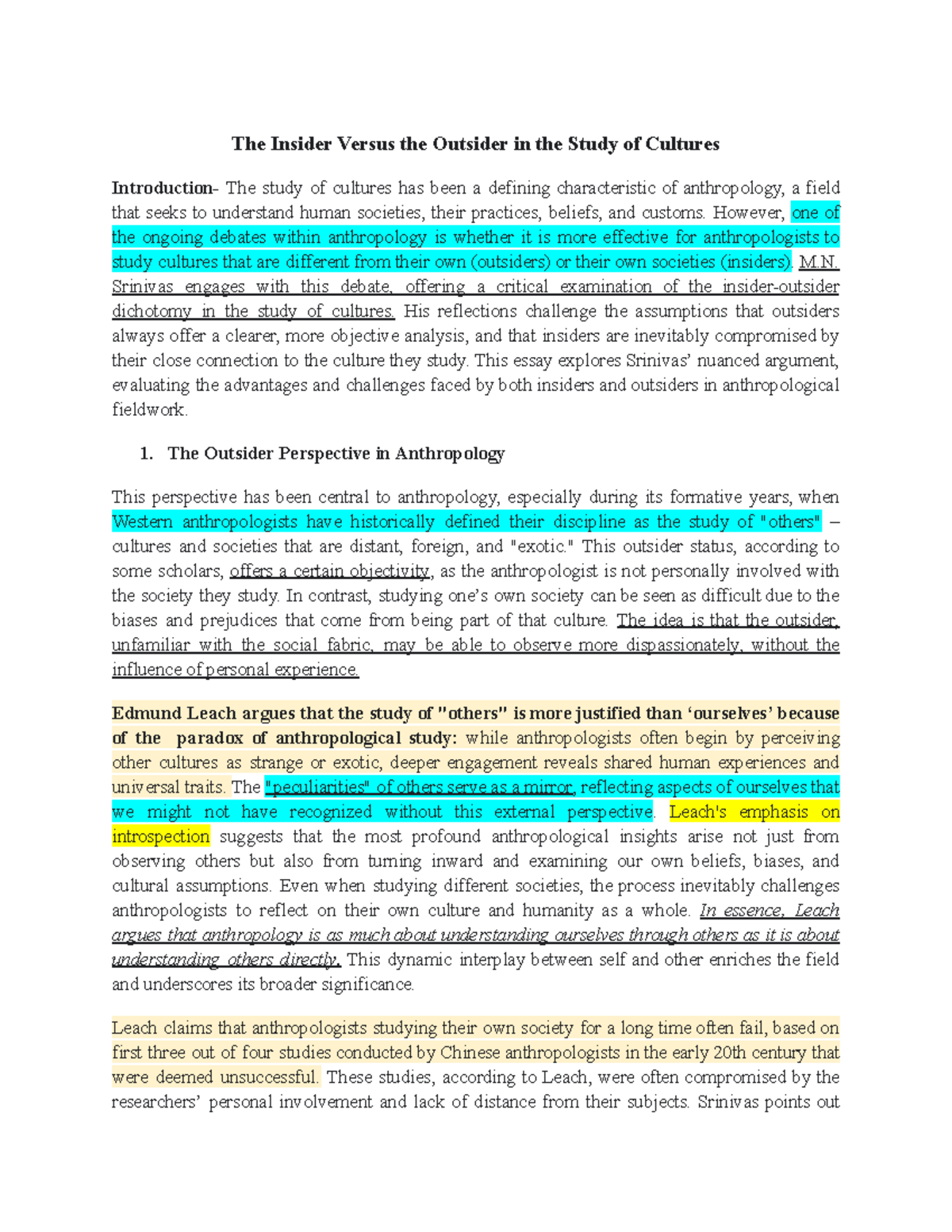Insider vs Outsider Perspectives in Anthropology Fieldwork: A Study - Studocu
