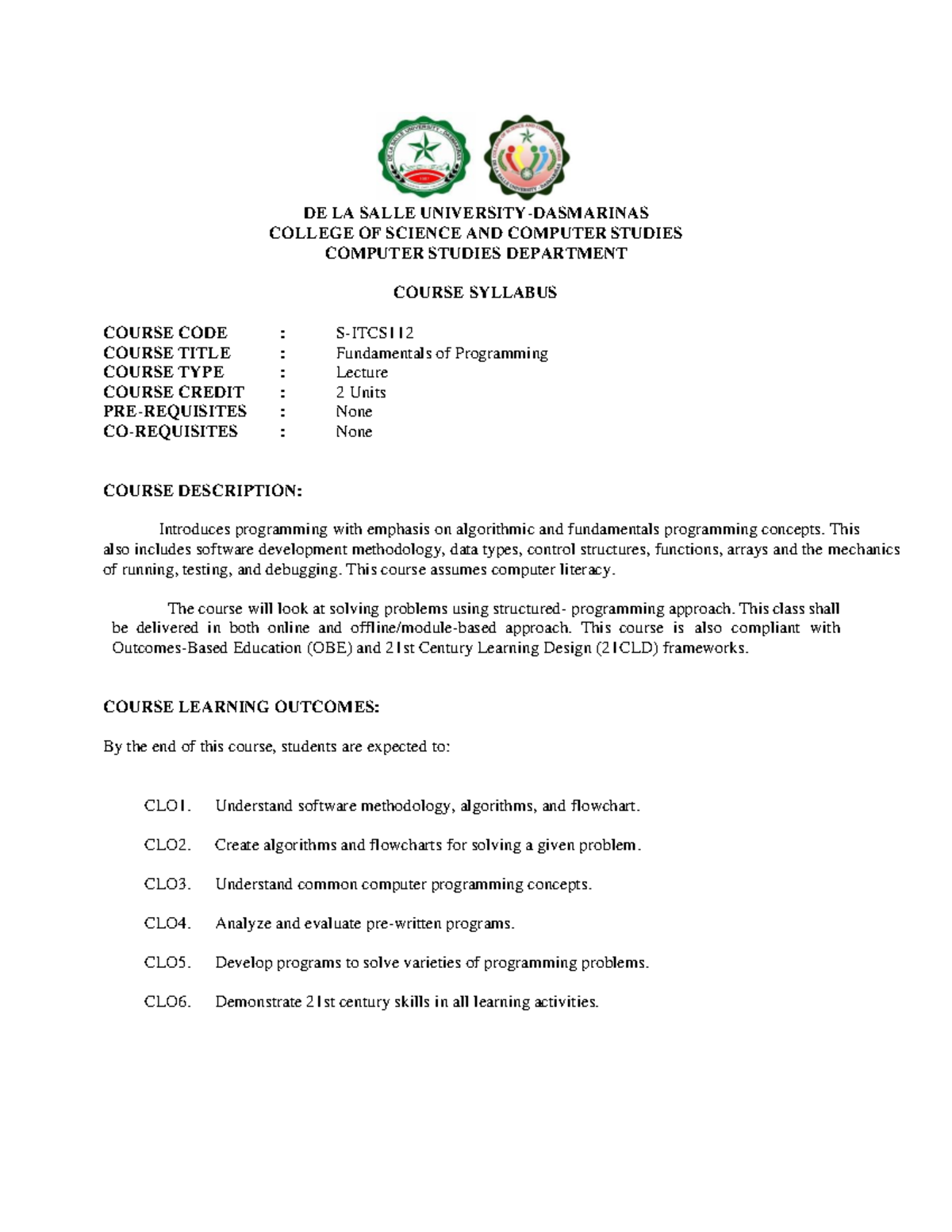 Programming Lecture - Syllabus - DE LA SALLE UNIVERSITY-DASMARINAS COLLEGE OF SCIENCE AND ...