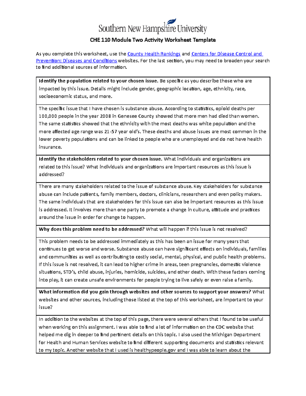 CHE 110 Module Two Substance Abuse Worksheet Analysis - Studocu