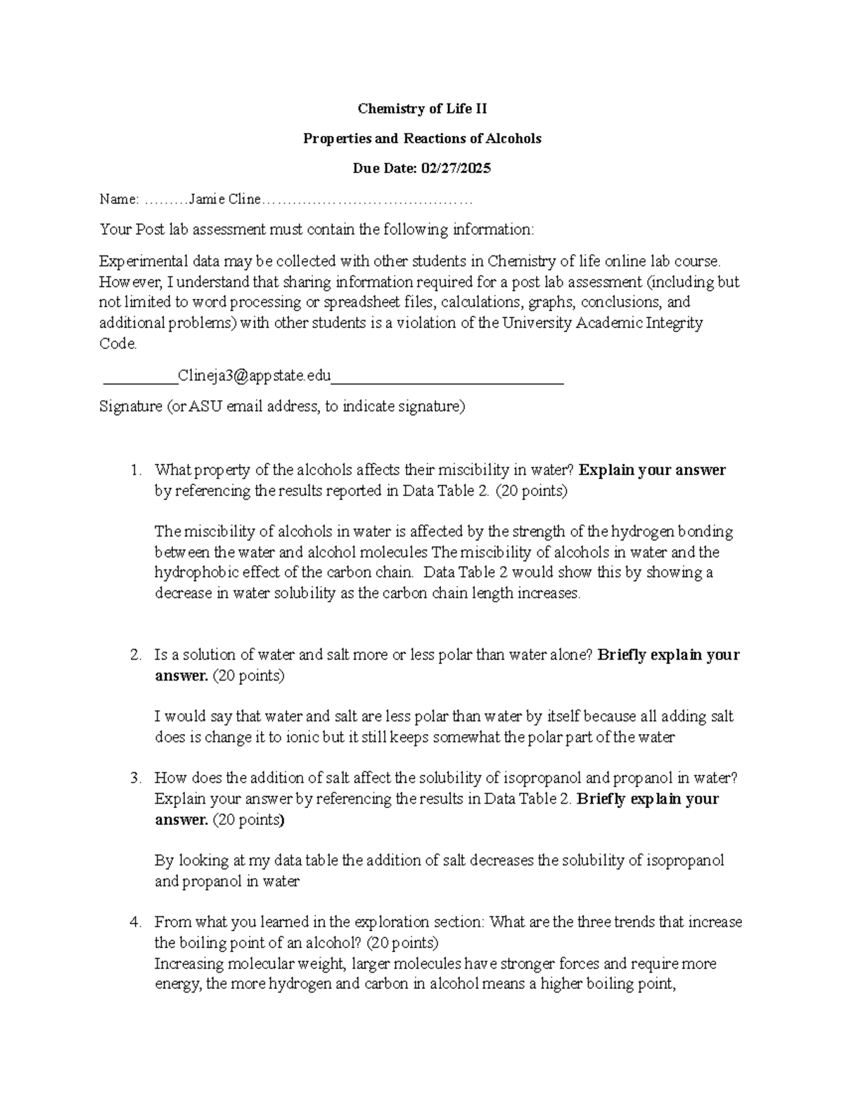 Chemistry of Life II: Post Lab Assignment on Alcohols Properties ...