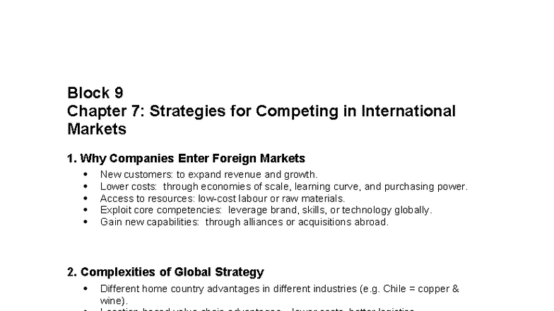 OBS 330 Block 9: Competing in International Markets Strategies - Studocu