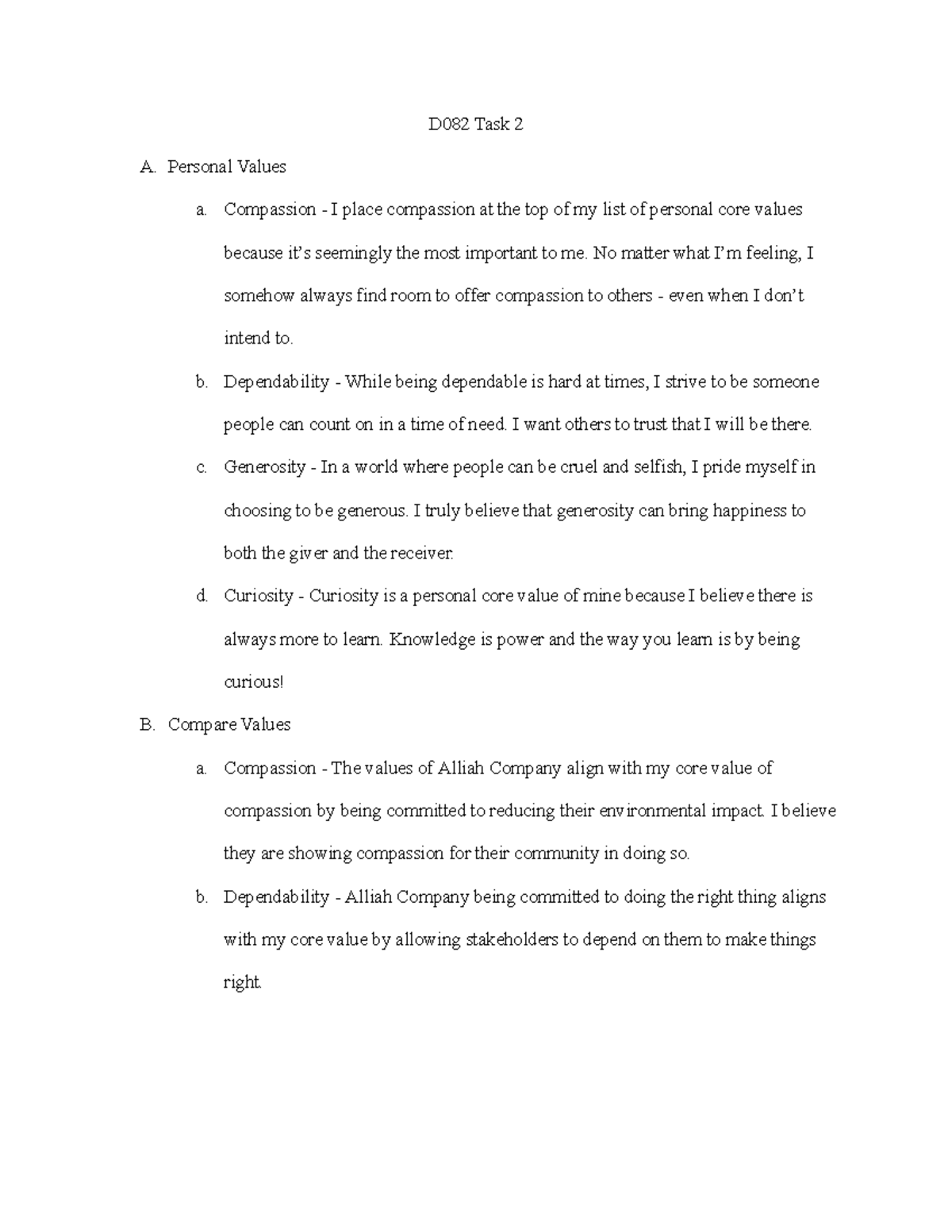 D082 Task 2 Submission - D082 TASK 2 - D082 Task 2 A. Personal Values a ...