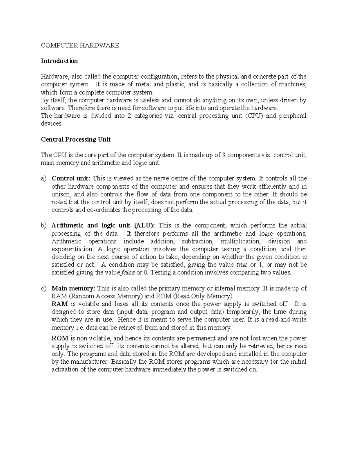 COMP 101: Computer Hardware - Comprehensive Notes on Components - Studocu