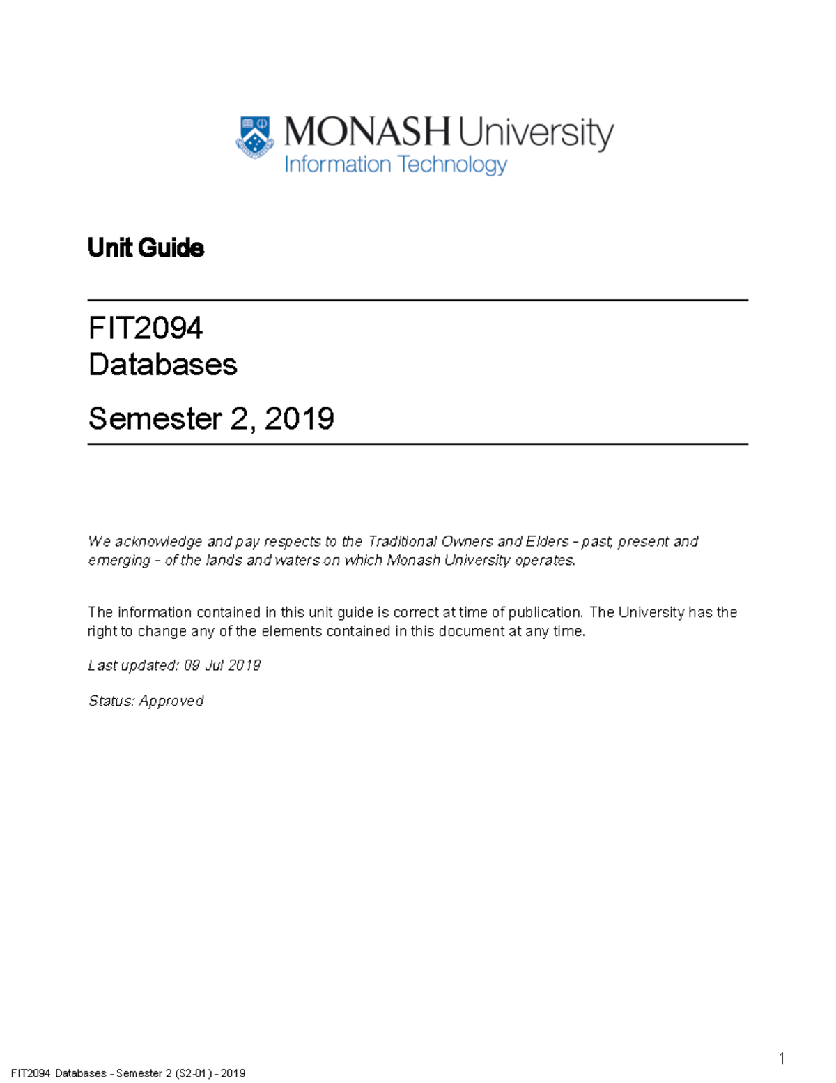 FIT2094 Unit Guide: Databases - Semester 2, 2019 - Studocu