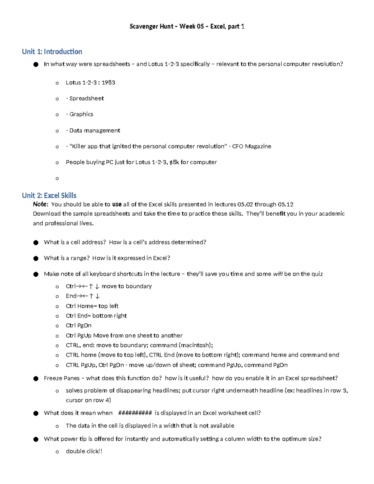 Scavenger Hunt 05-Excel: Intro to Spreadsheets & Skills - Studocu
