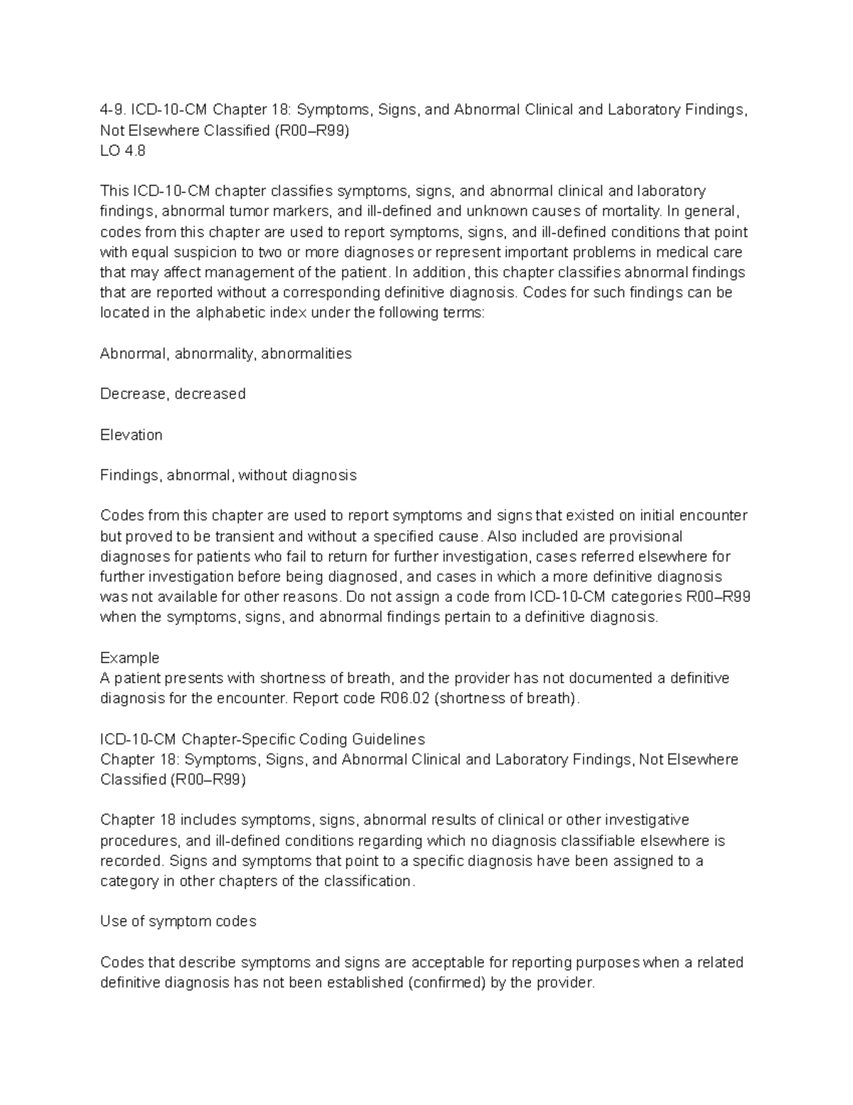 ICD-10-CM Chapter 18: Coding Symptoms, Signs & Abnormal Findings - Studocu
