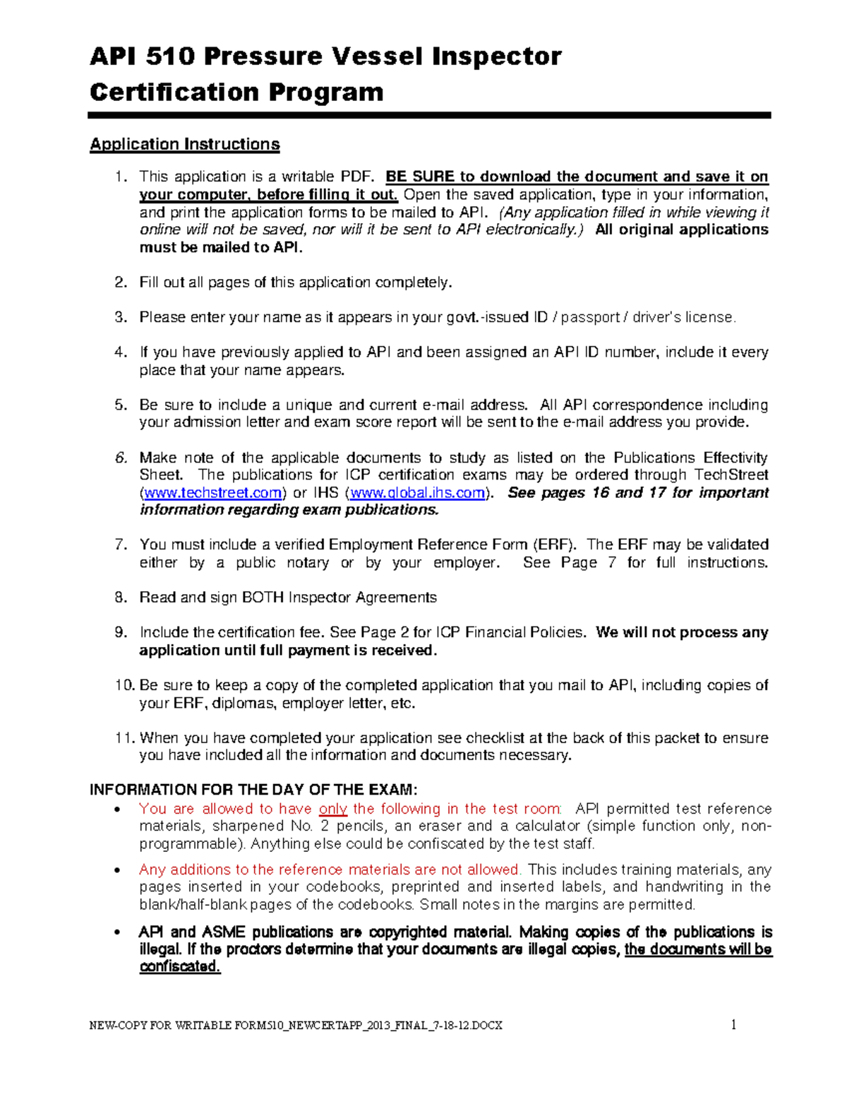 API 510 - Pressure Vessel Inspector Certification Application ...