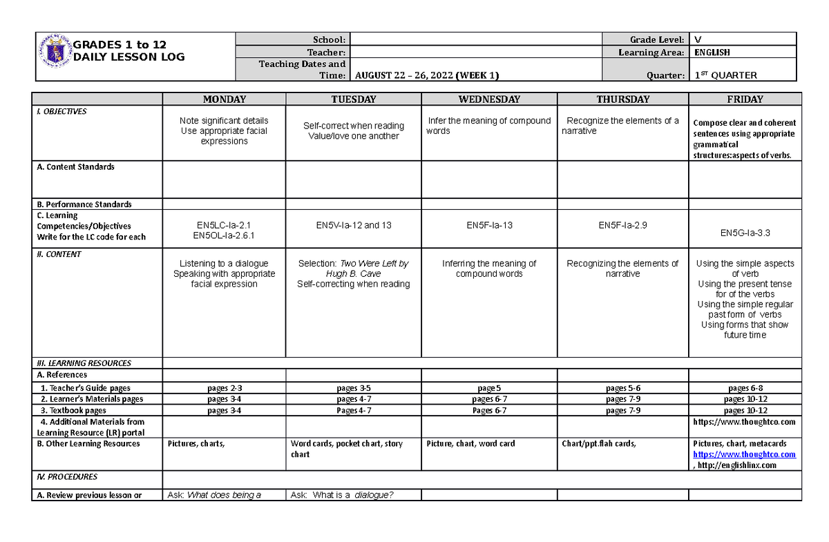 Grade 5 DLL English Q1 Week 1: Daily Lesson Log Summary - Studocu