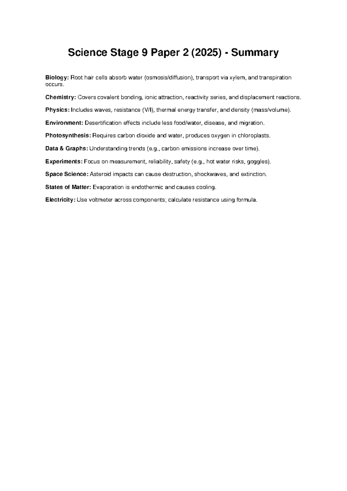 Science Stage 9 Summary (2025): Key Concepts in Biology, Chemistry ...