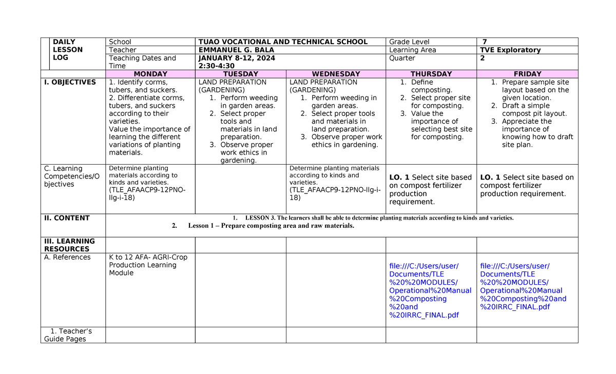 TVE AFA Q2 Lesson Plan (Jan 8-12, 2024) - Grade 7 Activities - Studocu