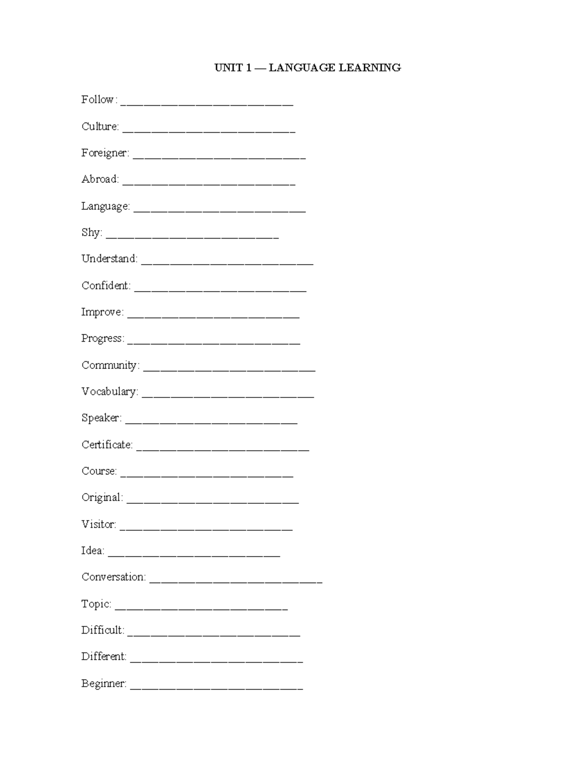 FULL Vocabulary Test for Units 1-9: Language, Personal Info, Jobs ...