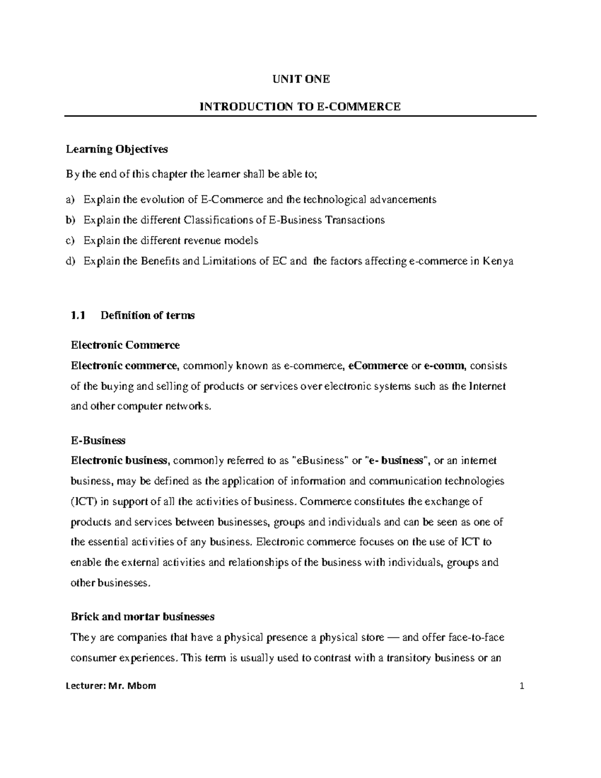Introduction TO E- Commerce - UNIT ONE INTRODUCTION TO E-COMMERCE Learning Objectives By the end ...