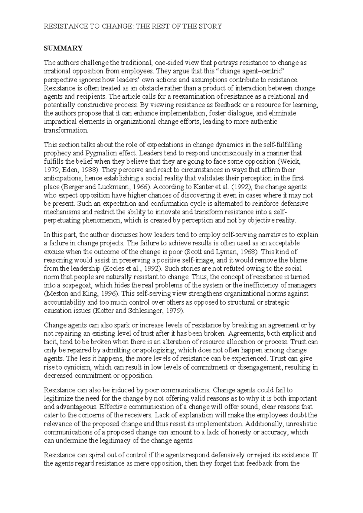 RESISTANCE TO CHANGE: THE REST OF THE STORY SUMMARY (Group 1) - Studocu