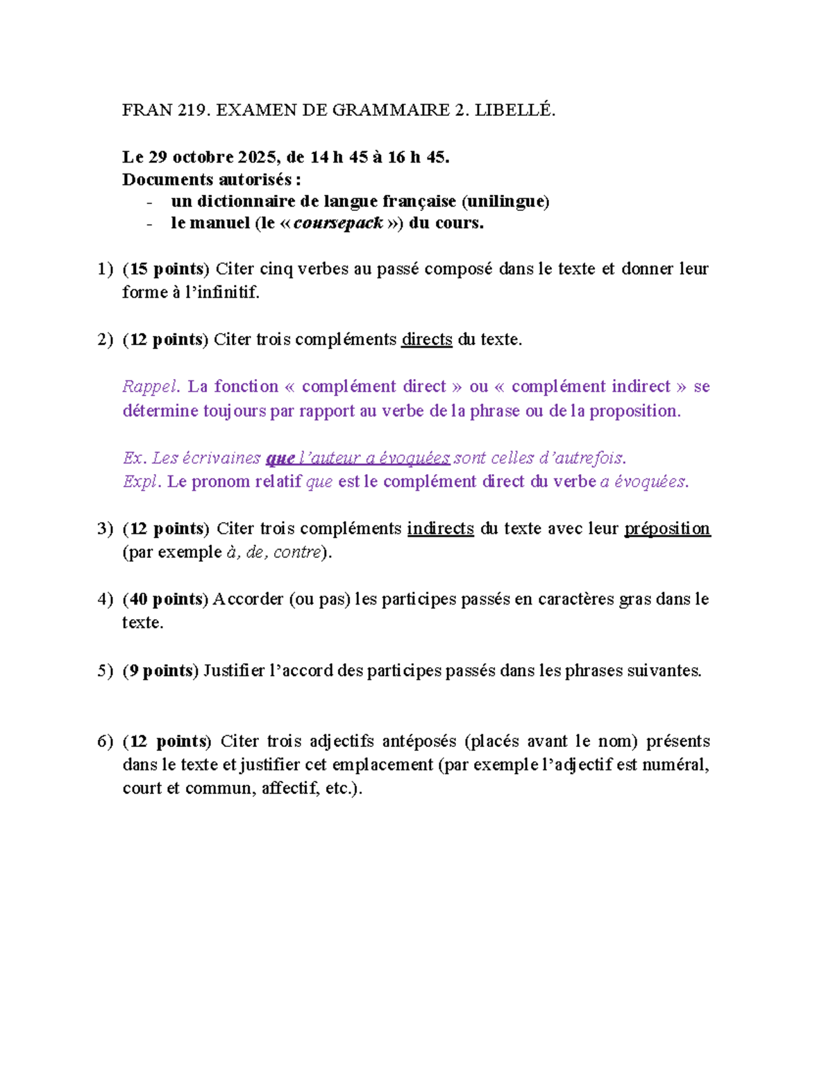 FRAN 219. Examen de Grammaire 2 - Instructions et Exemples - Studocu