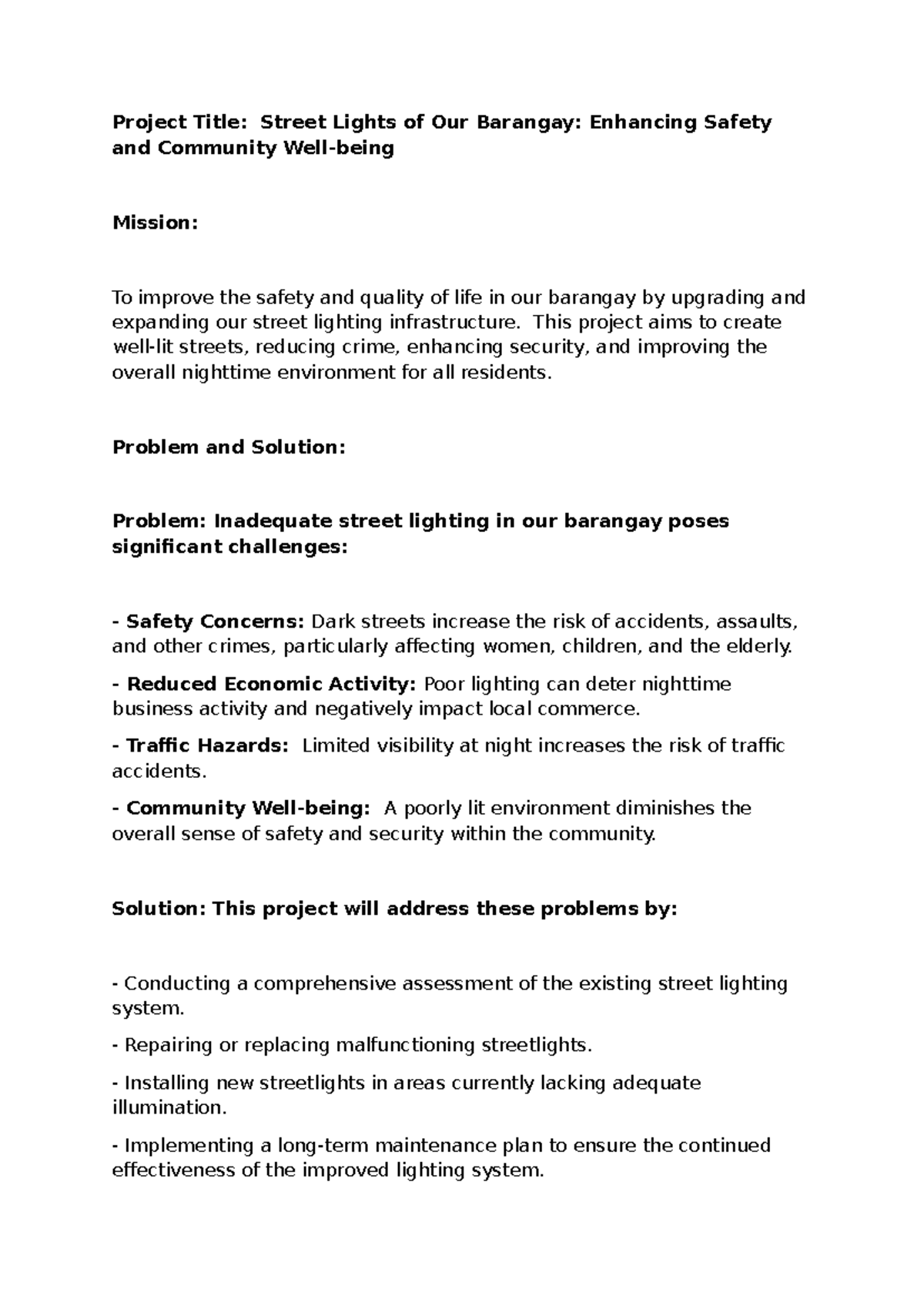 Street Lights Project Report: Enhancing Safety in Our Barangay - Studocu