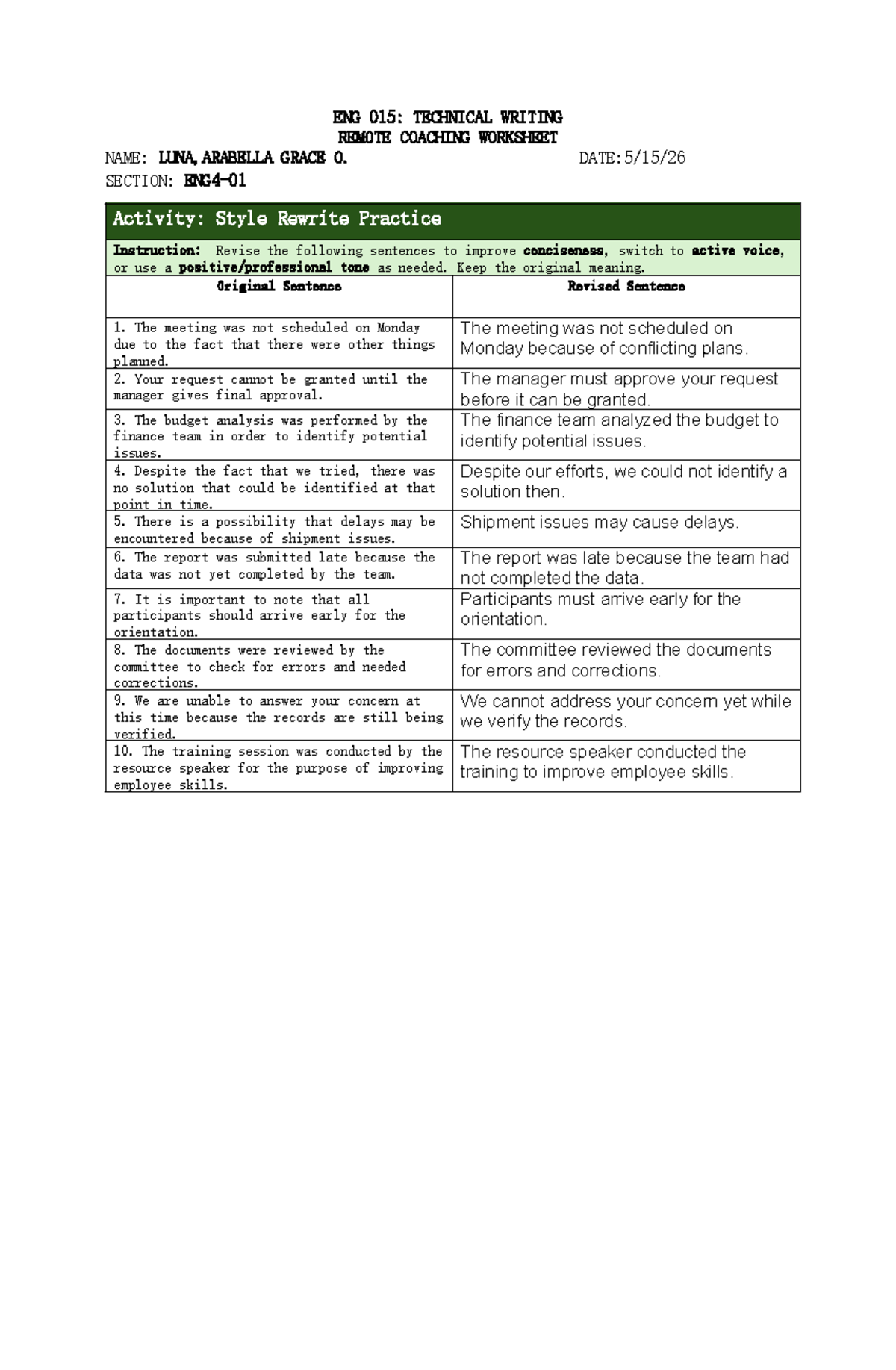 ENG 015: Week 4 Remote Coaching Worksheet - Style Rewrite Practice ...