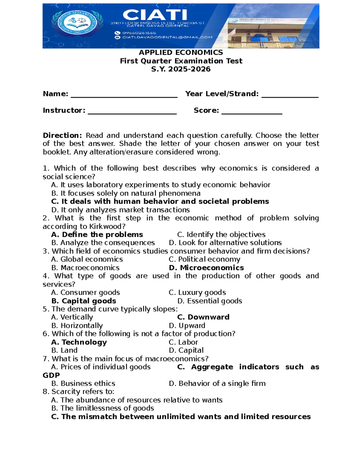 APPLIED ECONOMICS 1st Quarter Exam Answer Key S.Y. 2025-2026 - Studocu