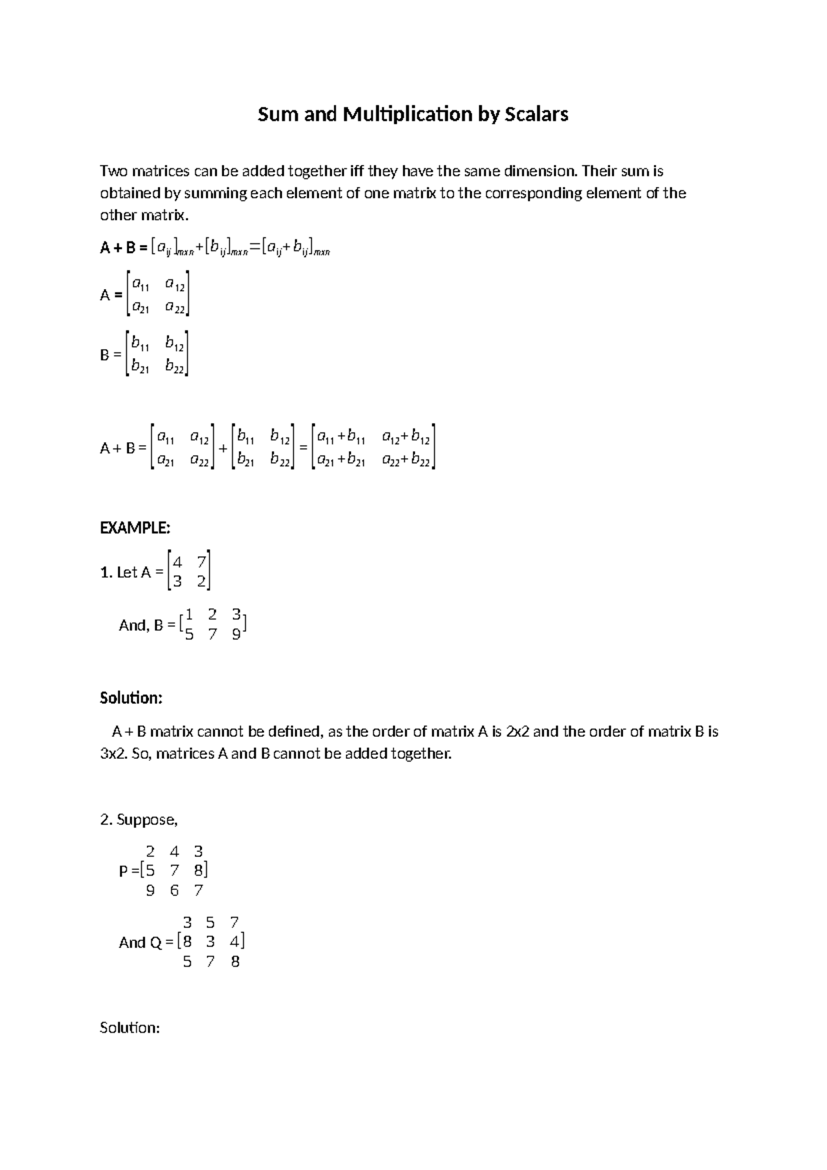 Matrix Operations: Sum, Scalar Multiplication, and Conjugates - Studocu