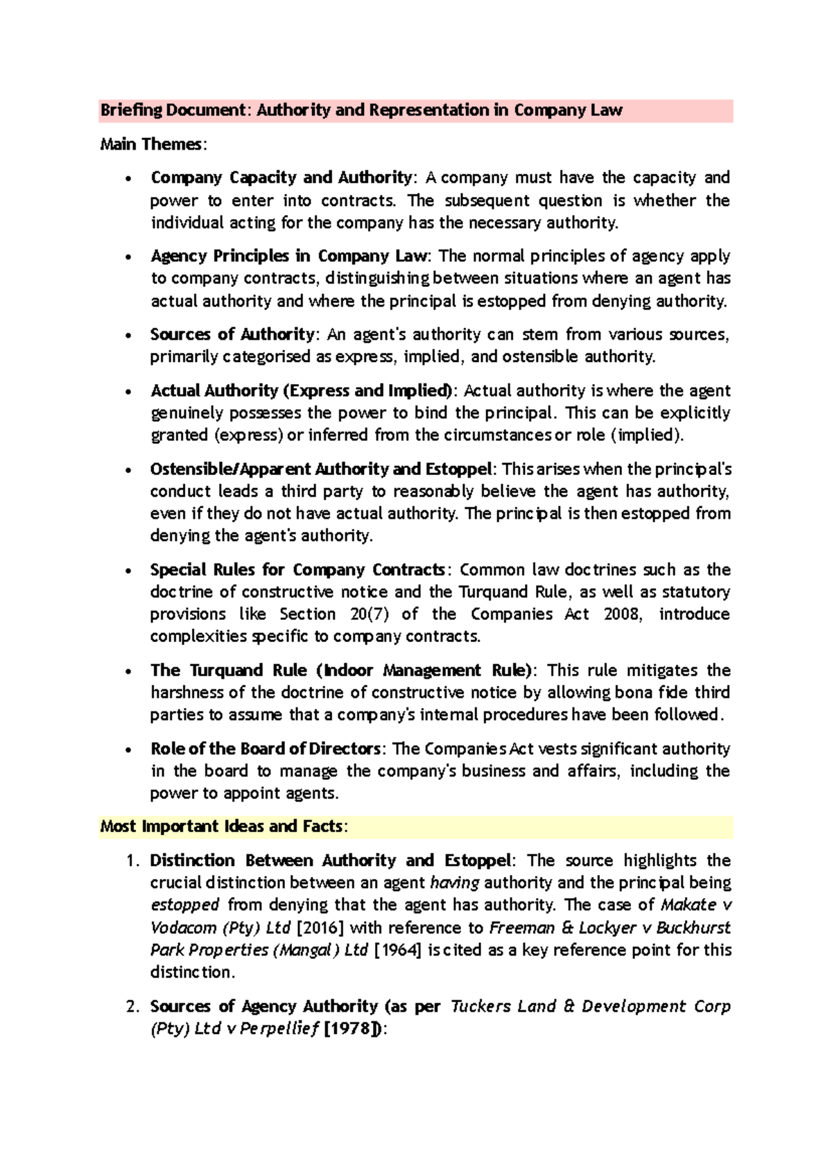 Company Law Authority & Representation: Key Themes & Concepts - Studocu