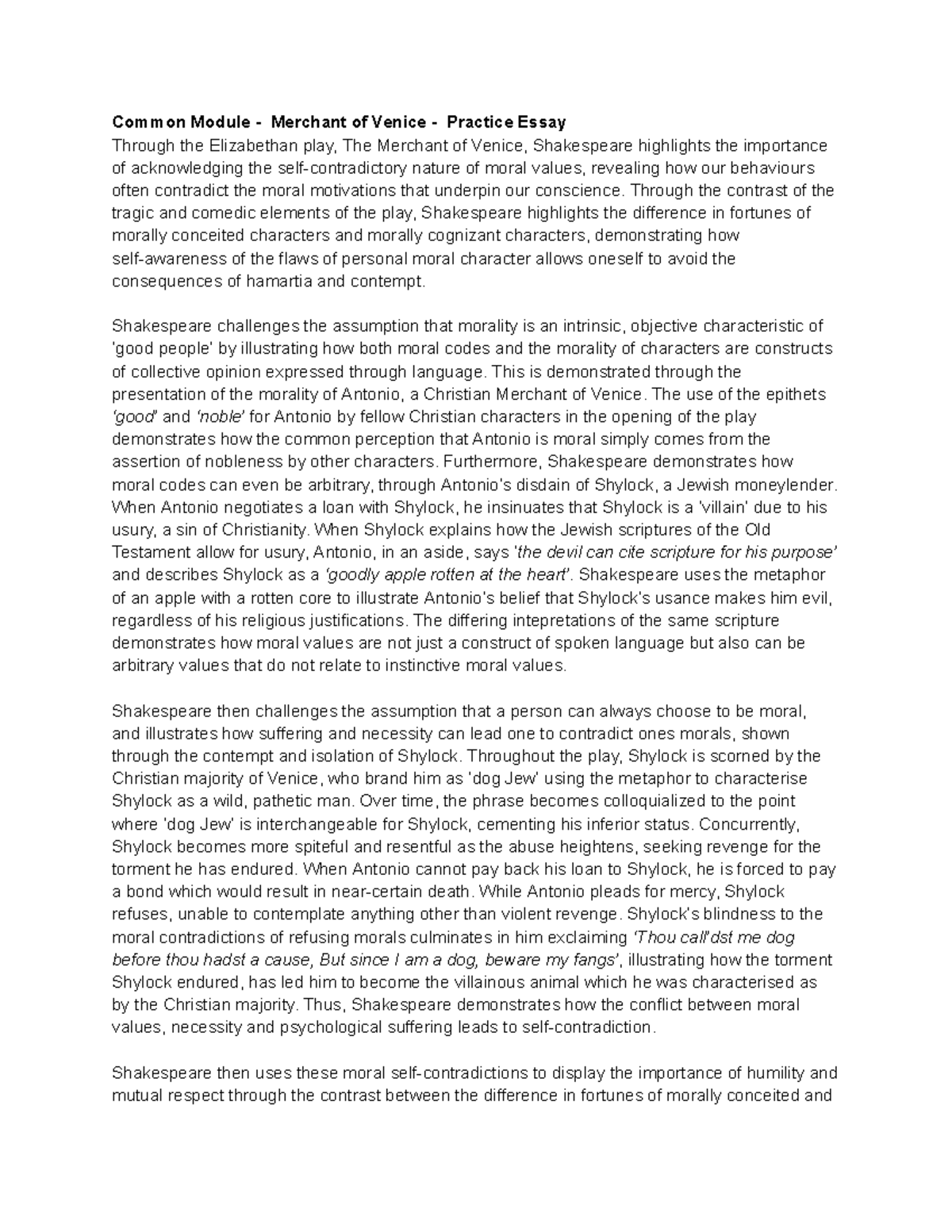 Common Module - Merchant of Venice - Essay Analysis on Morality - Studocu