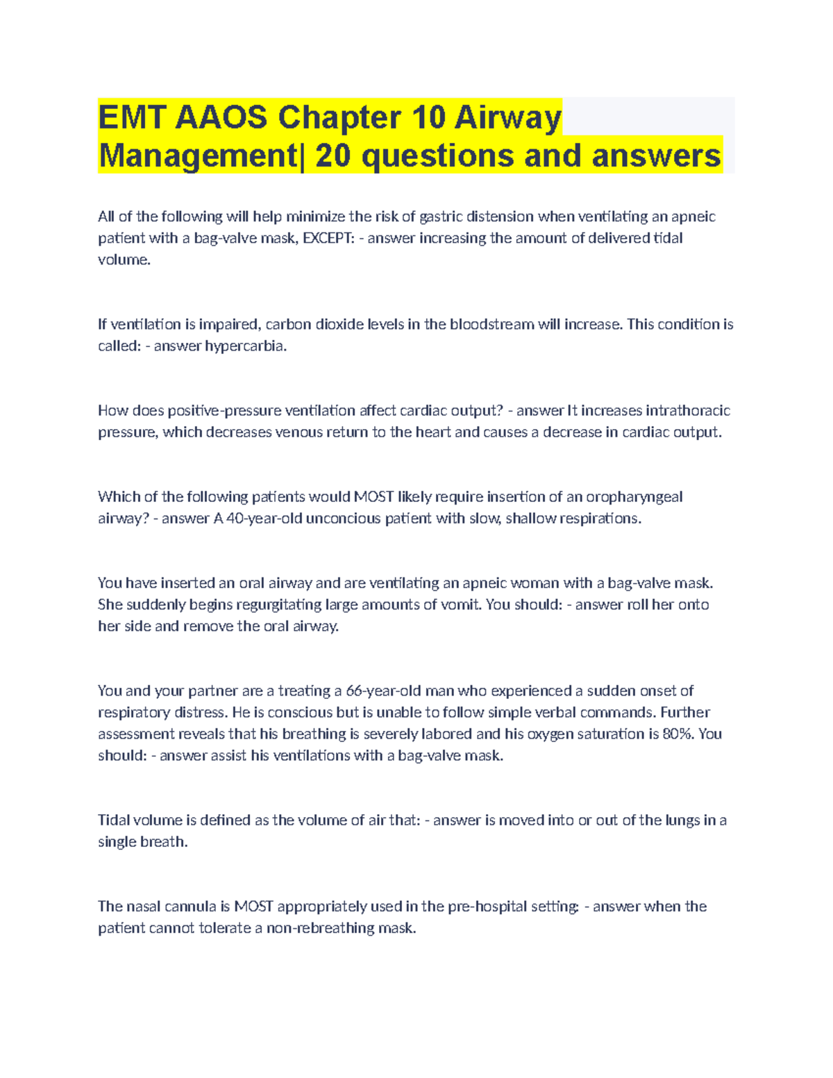 EMT AAOS Chapter 10: Airway Management Q&A Study Guide - Studocu