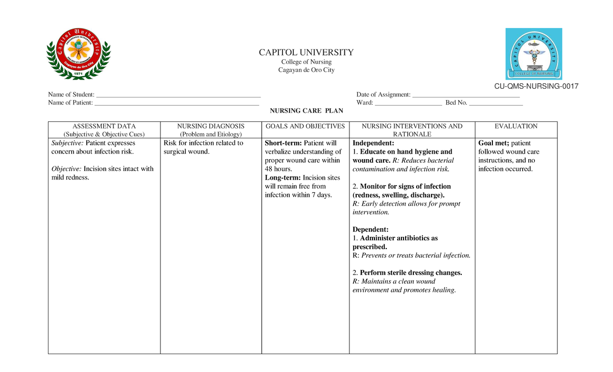 NCP Drug Study Form 2: Nursing Care Plan for Infection Risk - Studocu