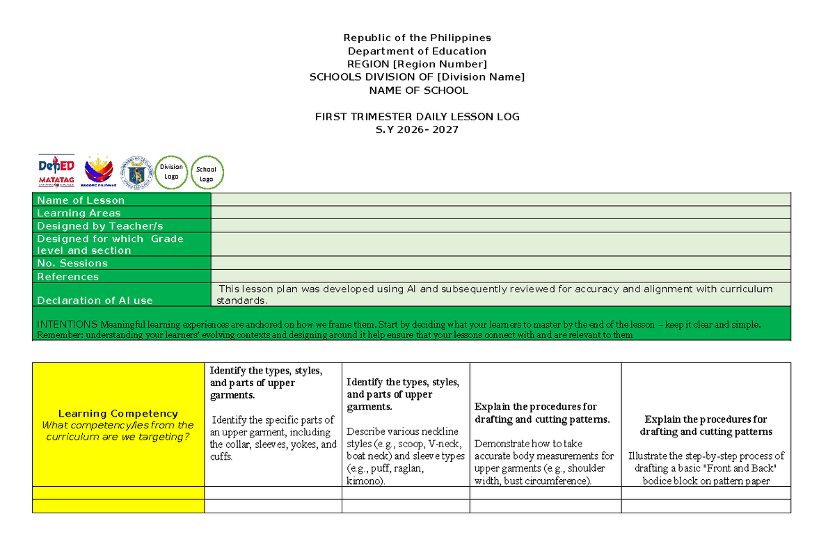 S.Y. 2027 Term 1 Lesson Plan: Upper Garments & Measurements - Studocu