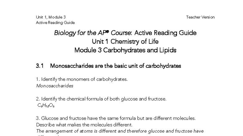 Unit 1, Module 3 Active Reading Guide Key: Carbohydrates & Lipids - Studocu