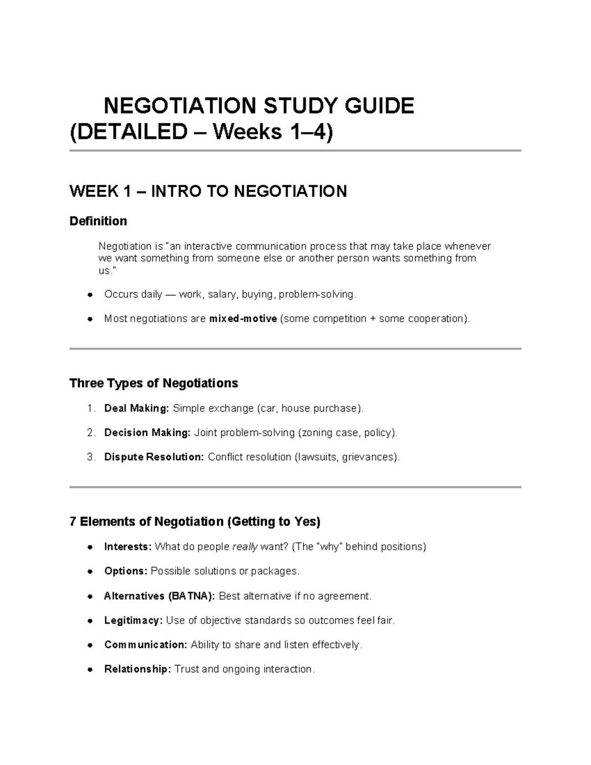 Negotiation Study Guide (Weeks 1-4): Key Concepts & Strategies - Studocu