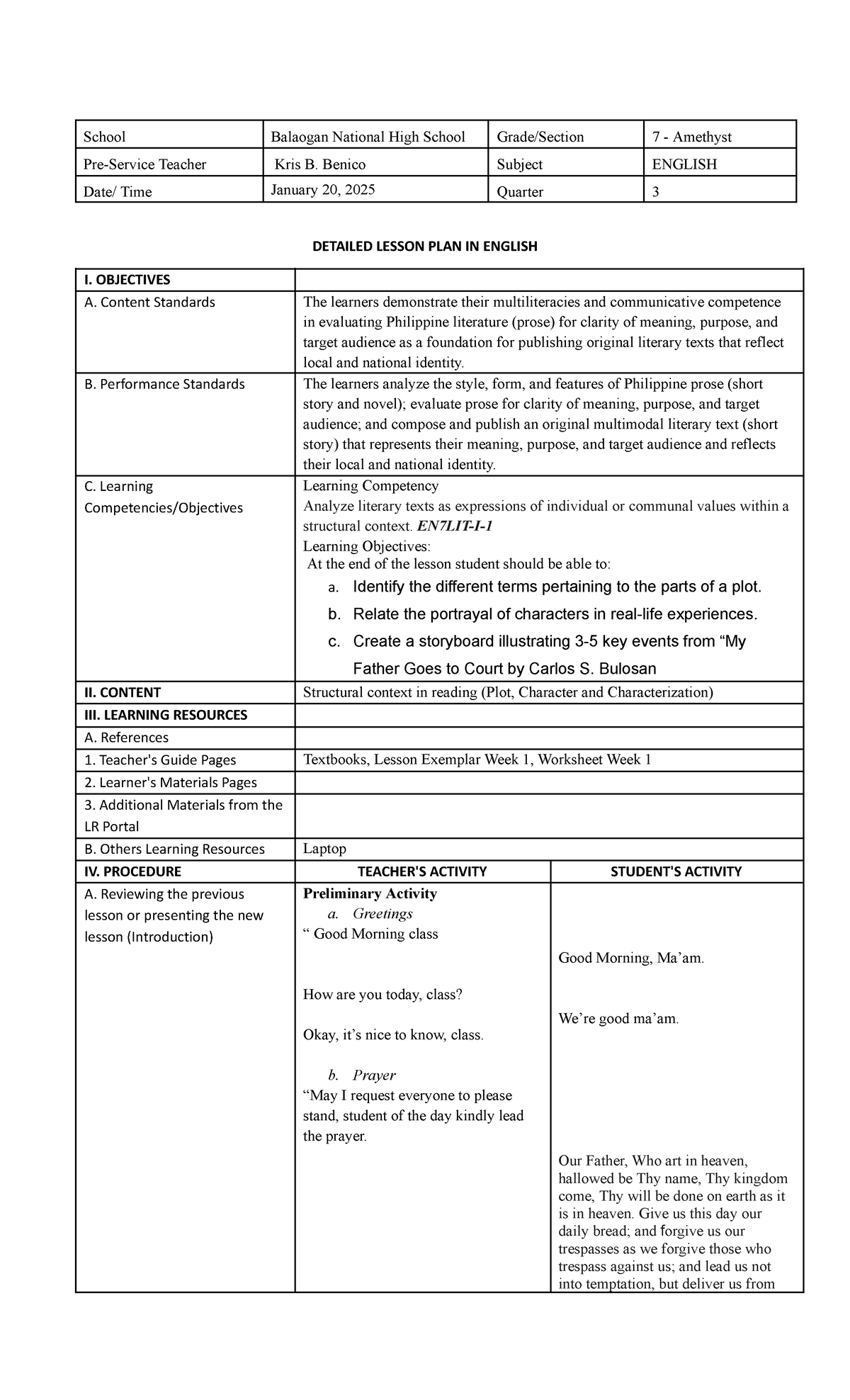 Detailed Lesson Plan for Grade 7 English: Character & Characterization ...