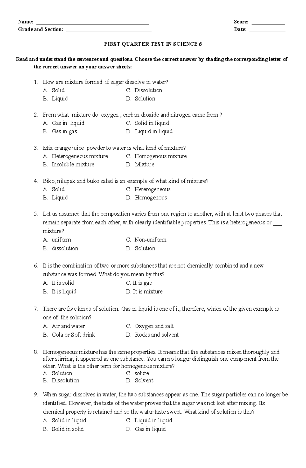 PT Science 6 Q1 - Test on Mixtures and Solutions - Studocu