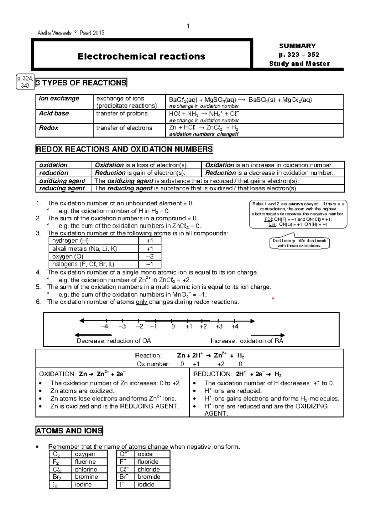 Redox Summary and Electrochemical Cells (CHEM 101) - Studocu