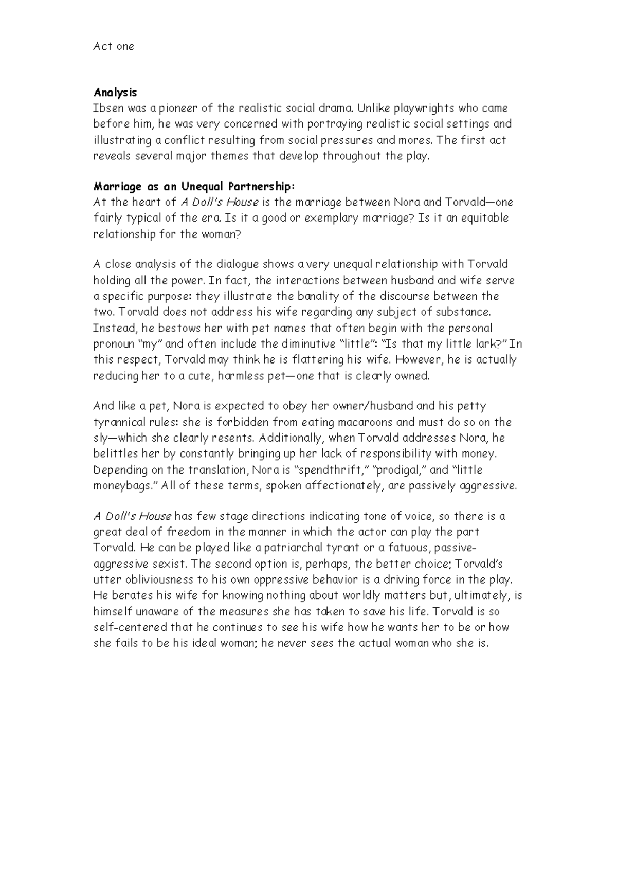 A Doll's House (Act I) - Key Themes and Analysis - Studocu