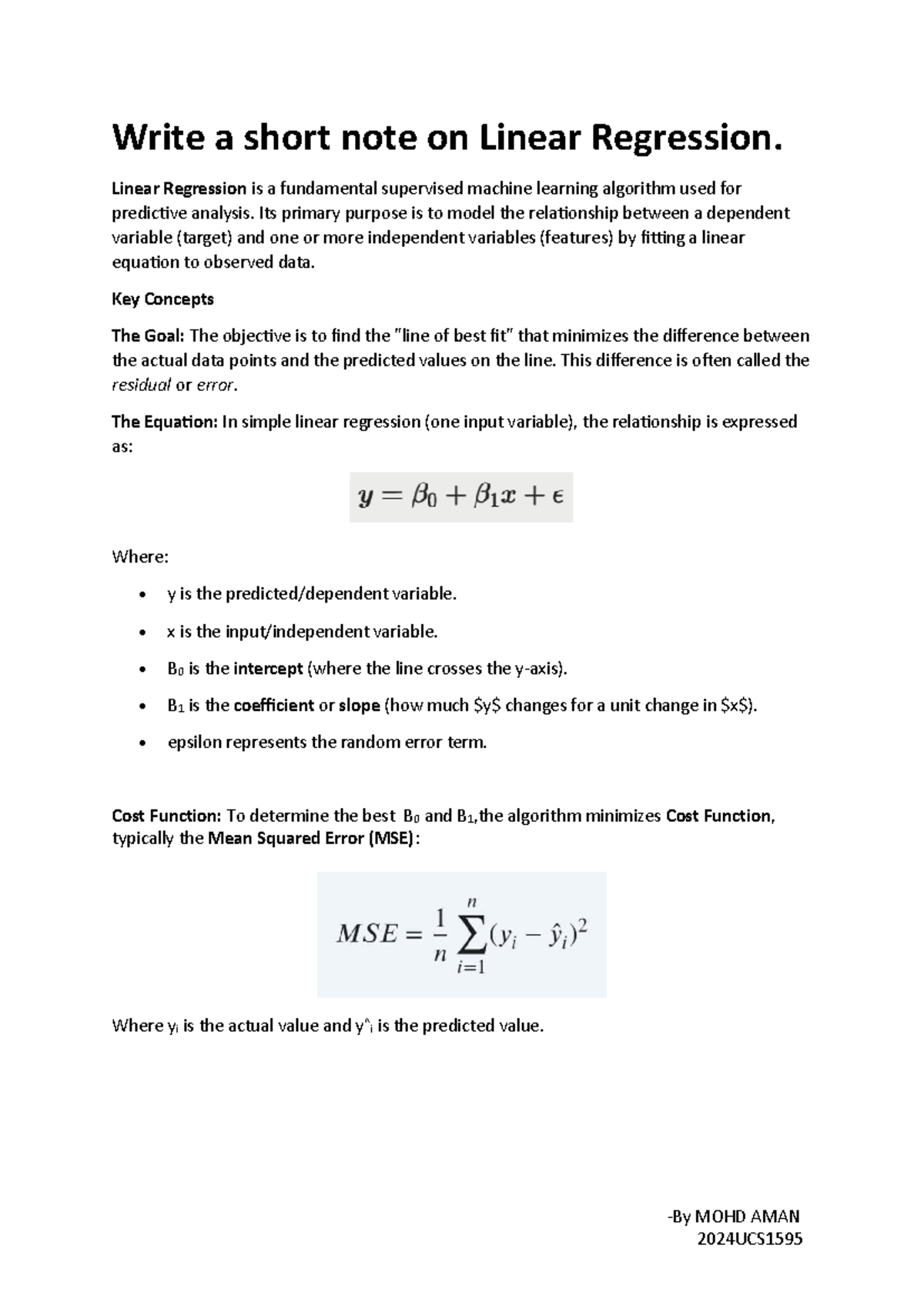 ML Assignment-2: Short Note on Linear Regression Techniques - Studocu