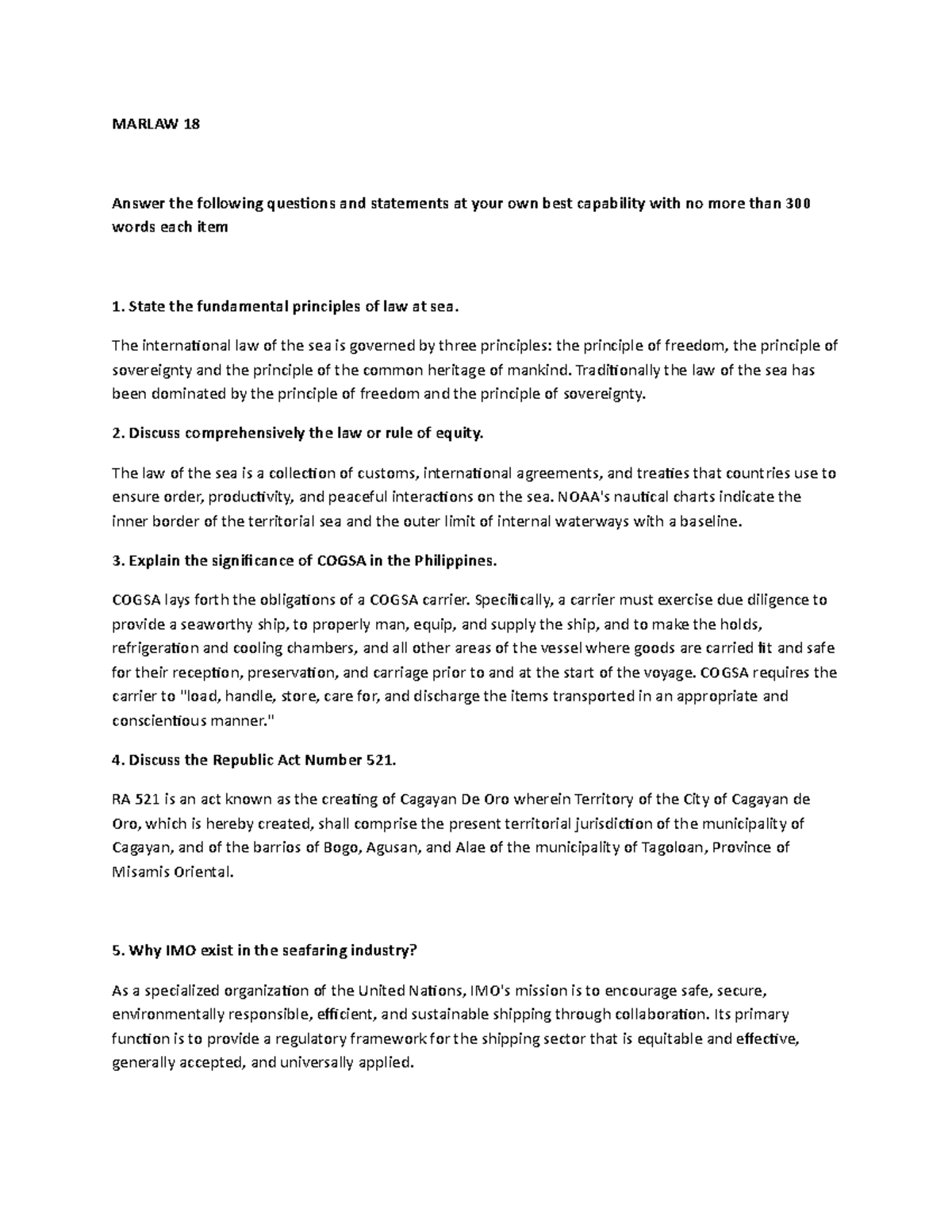 Marlaw 18 - Here are some sample essay test questions that can serve as ...