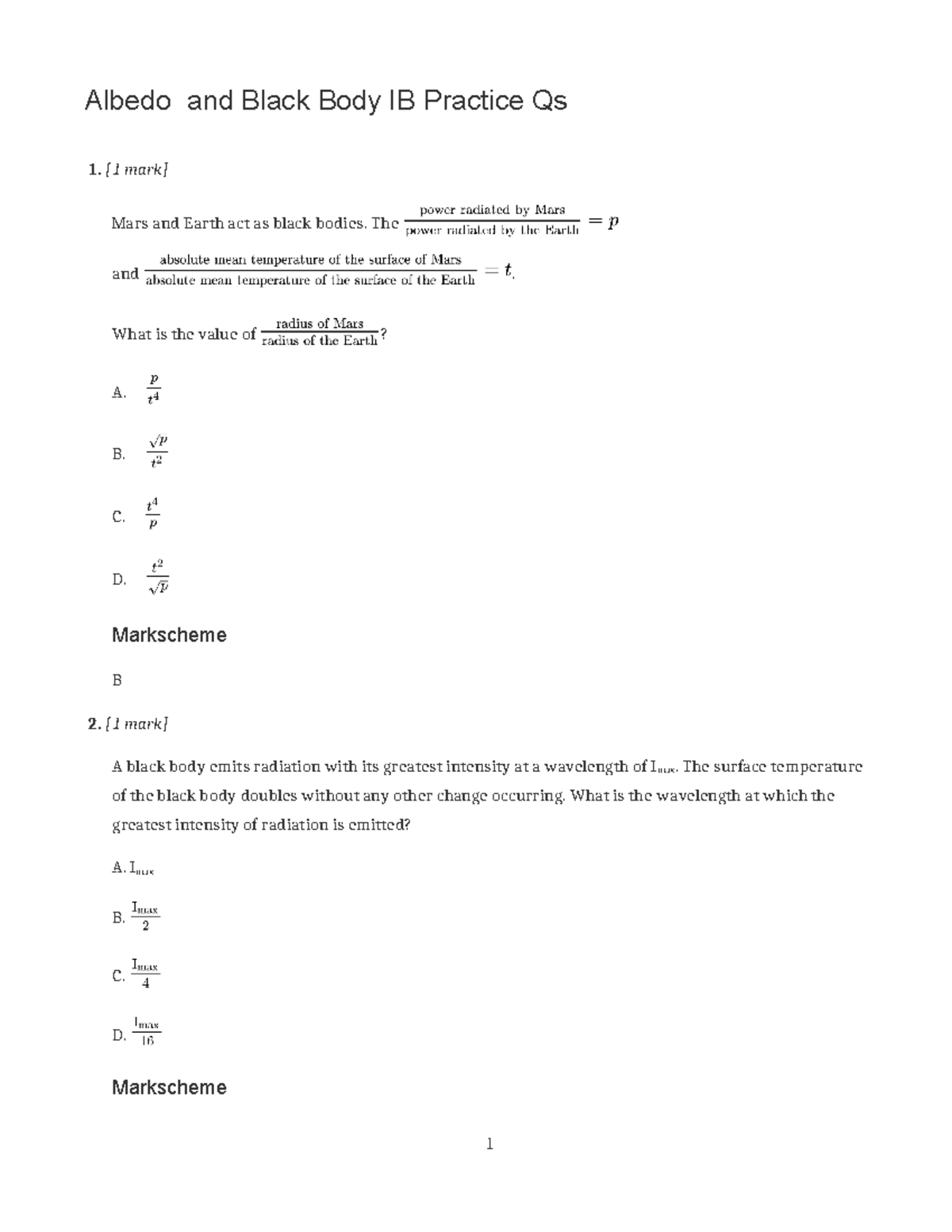 Albedo and black body ib practice qs markscheme - Albedo and Black Body ...